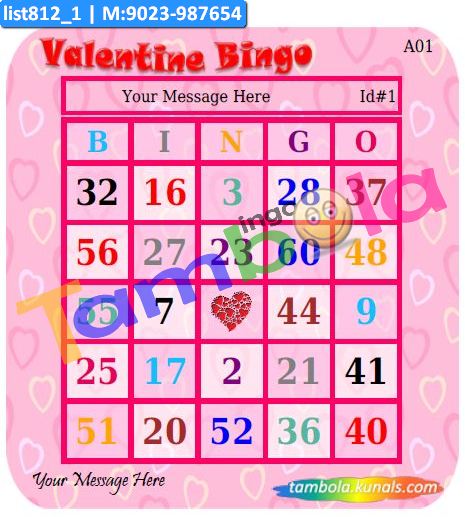 Valentine Bingo Cards Numbers in Valentine theme